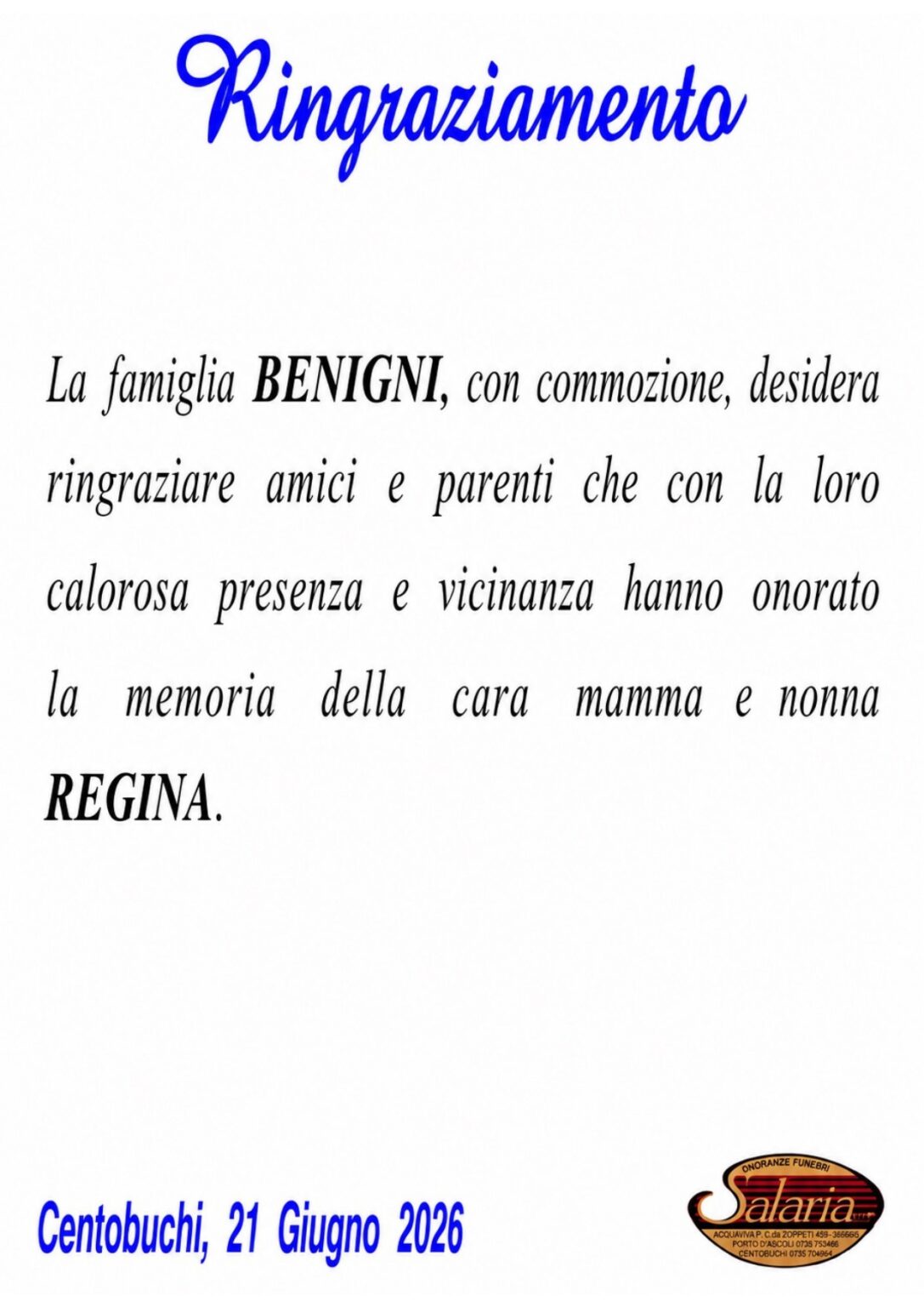 Ringraziamento famiglia Benigni - Riviera Oggi